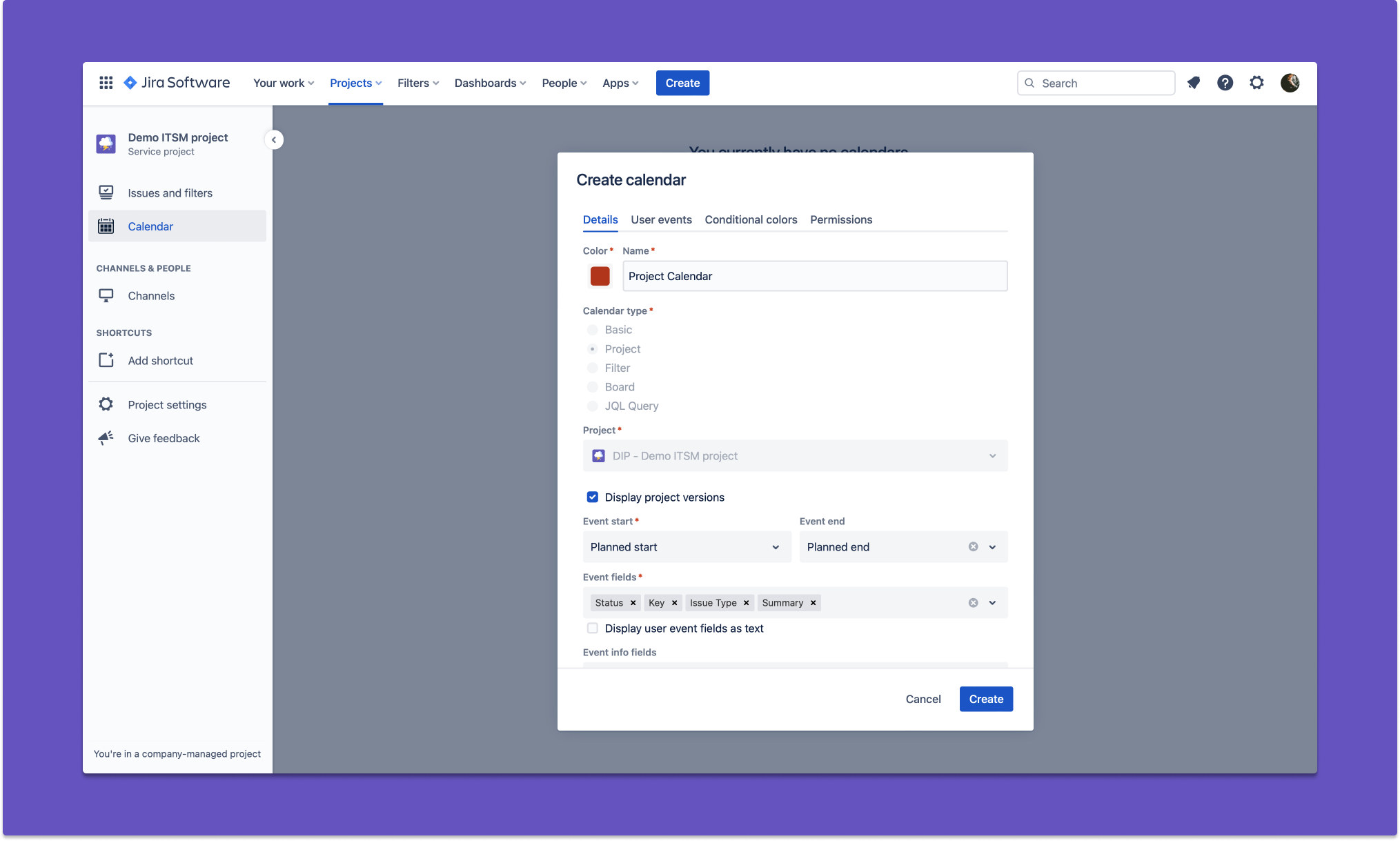 Create project sidebar calendar